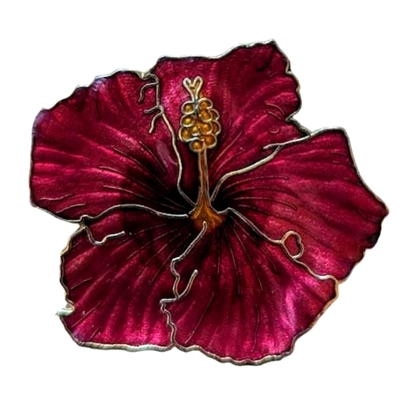 Jewelry | Maroonburgundy Red Hibiscus Flower Pin Wgold Color Accents ...